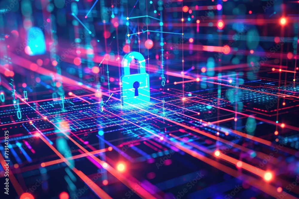 Abstract digital interface featuring a secure padlock symbol amidst ...
