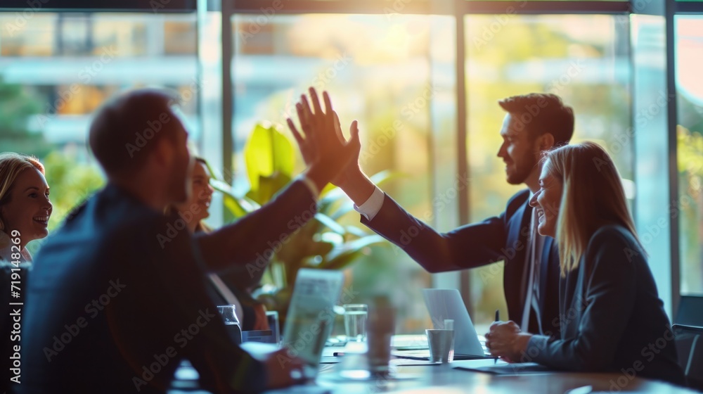 Successful business people giving each other a high five in a meeting ...