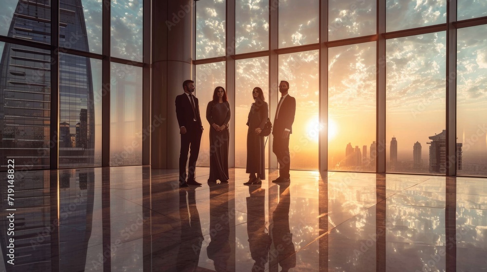 A group of Arab business people stand in a huge office with panoramic ...