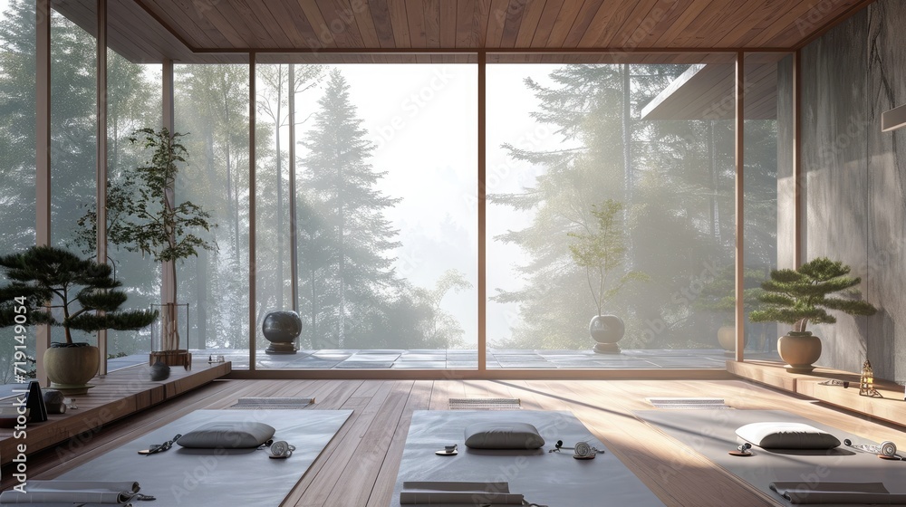 Minimalist yoga studio with a panoramic view of nature, floor-to ...