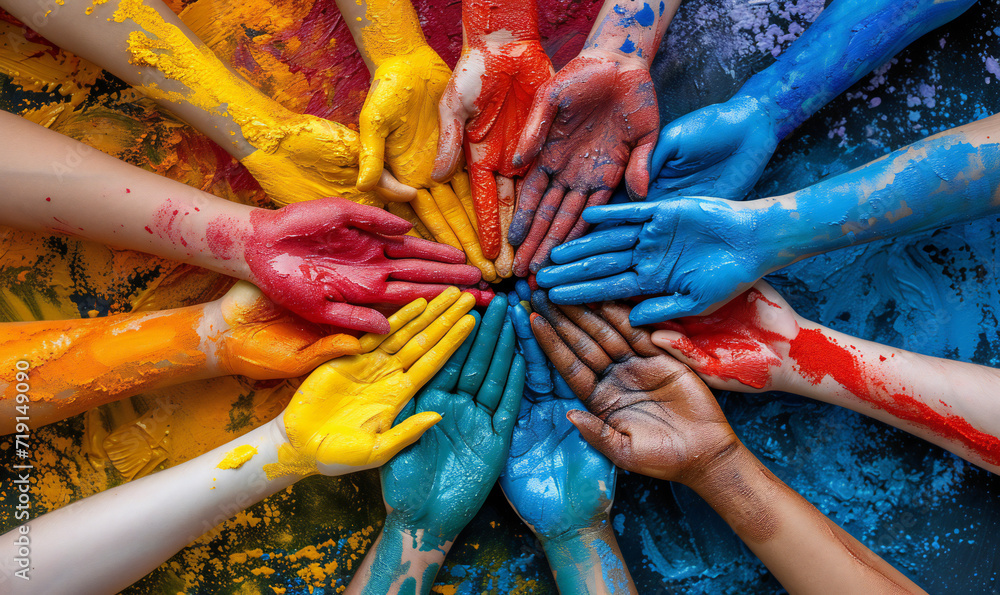 People of different ethnicities and genders holding hands and working cooperatively together ...