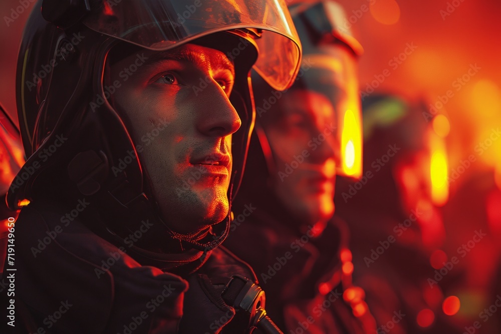 two firefighter wearing their helmets to the crowd around them Stock ...