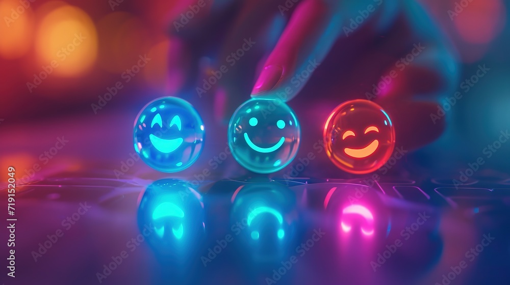 Three translucent emoji balls glowing in neon lights, each depicting a ...