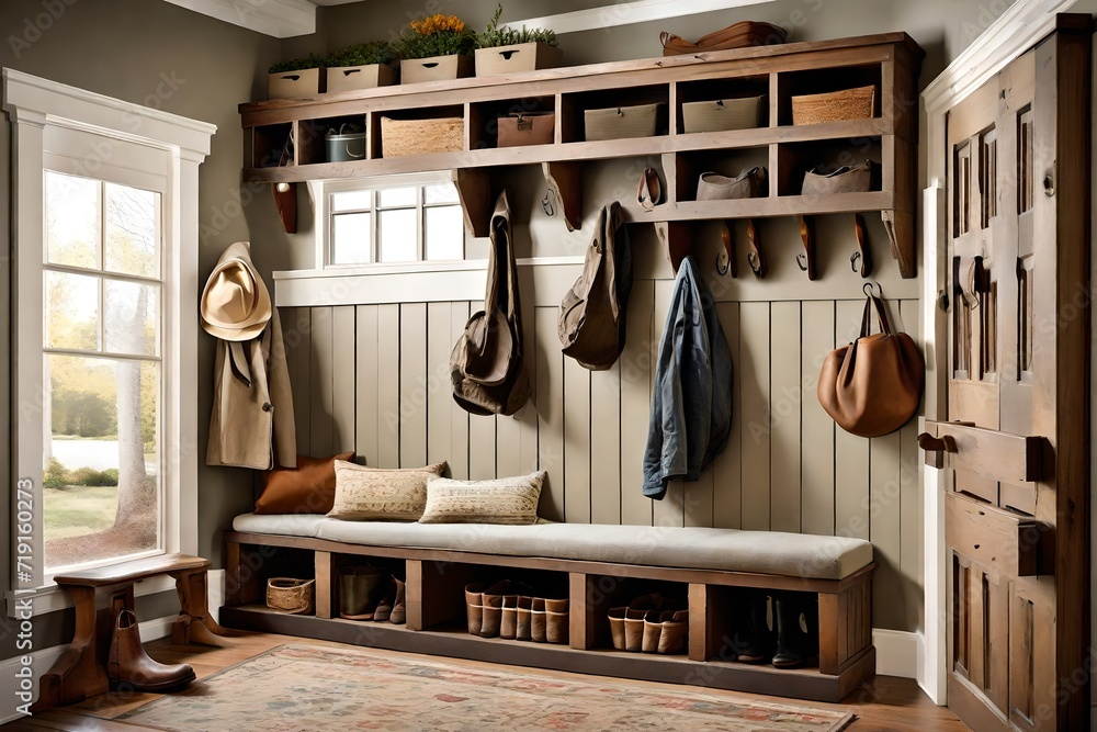 A rustic mudroom with built-in storage cubbies, a vintage bench, and a ...