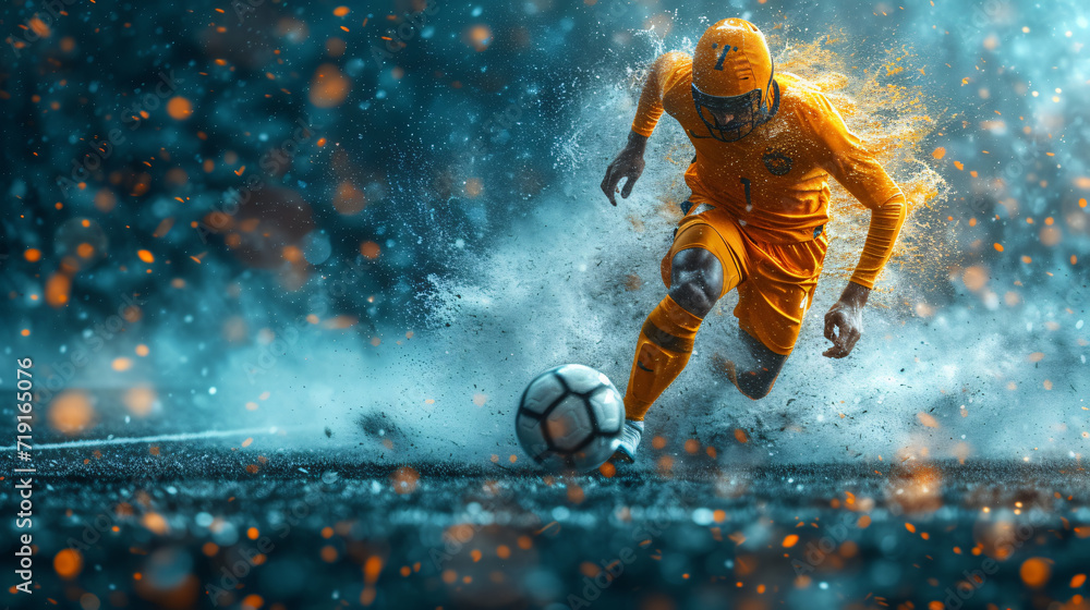 soccer player running fast and kicking a ball while training and ...