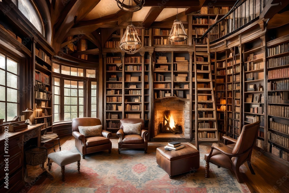 A rustic home library with built-in bookshelves, a cozy fireplace, and ...