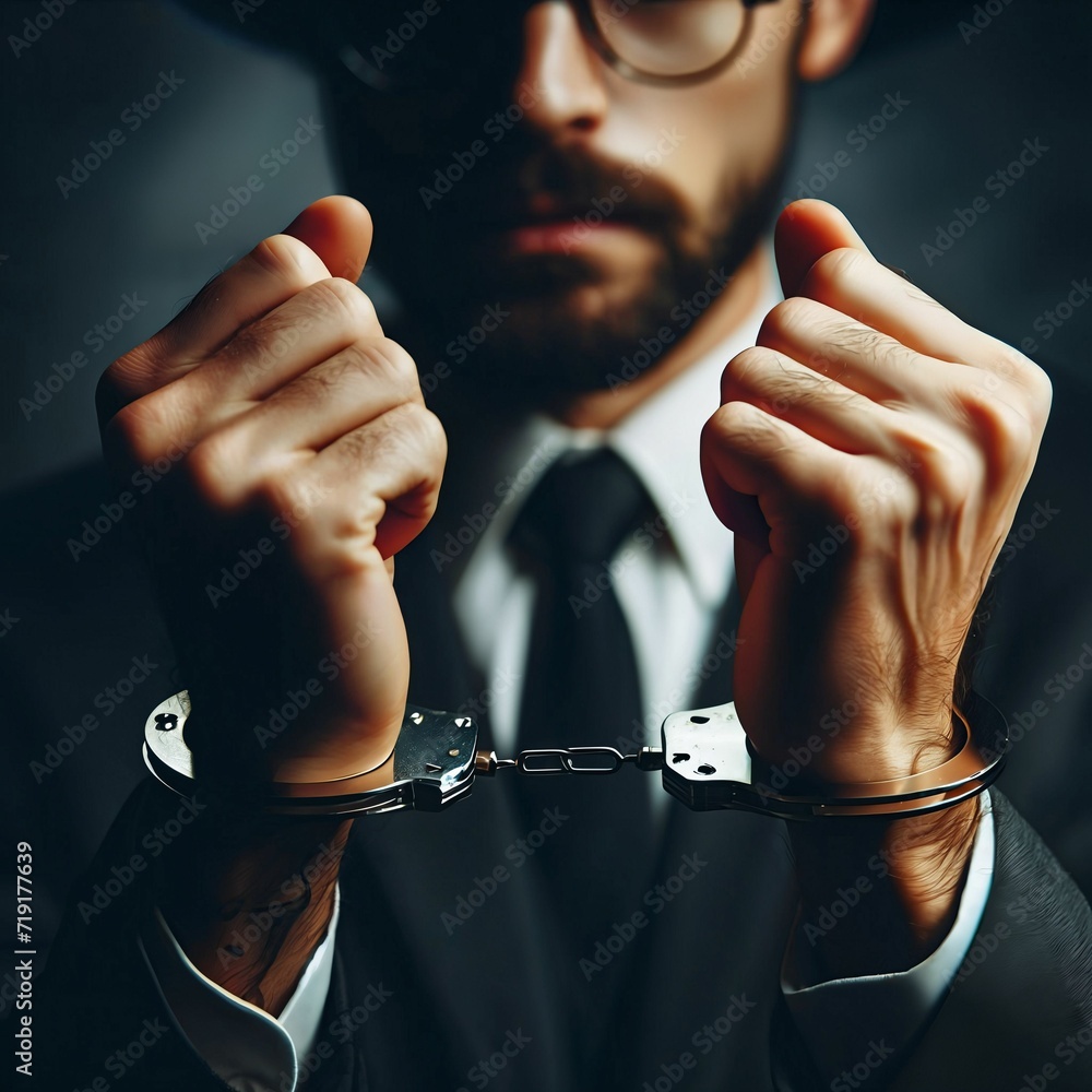 Criminal man arrested with handcuffed hands. Hands tied. Hands bound ...