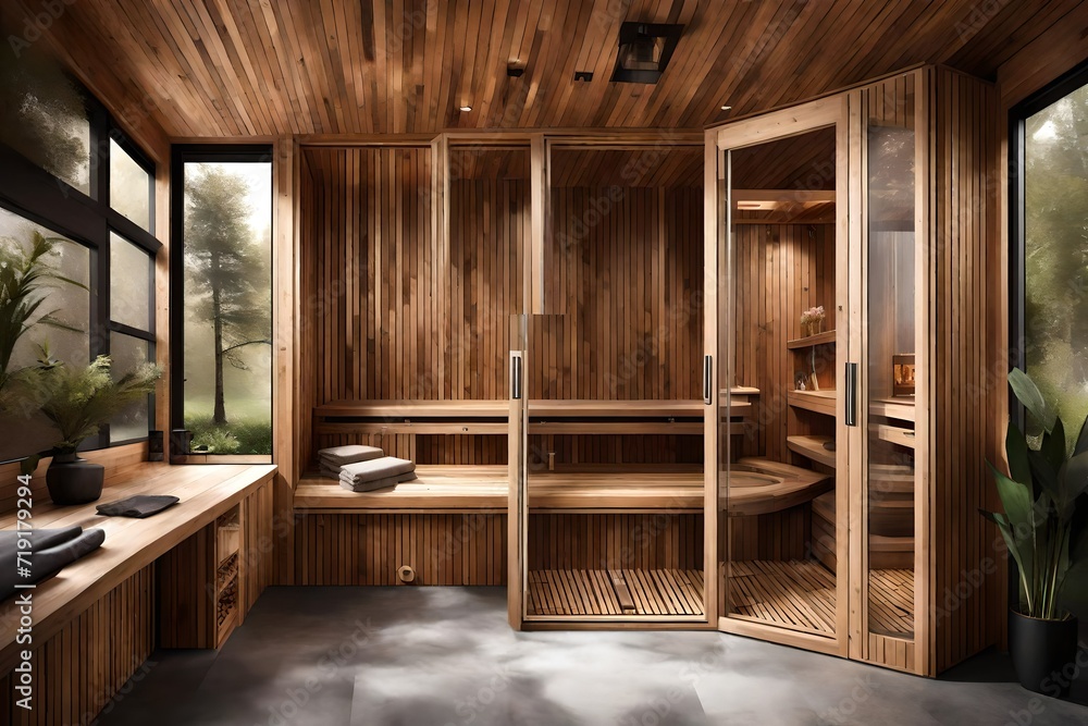 A rustic home sauna with a cedar wood interior, a glass door ...