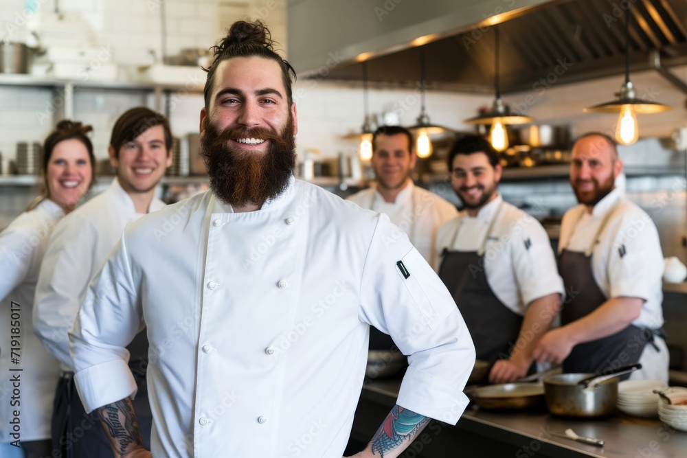 Proud Head Chef with His Kitchen Brigade. Smiling head chef with arms ...