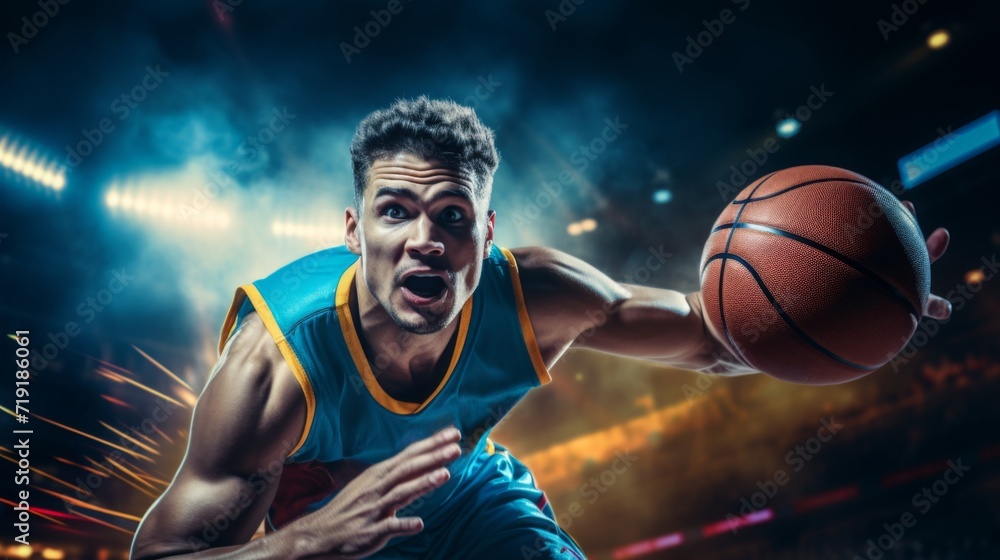 Dynamic image of muscular young man, basketball player in motion during ...