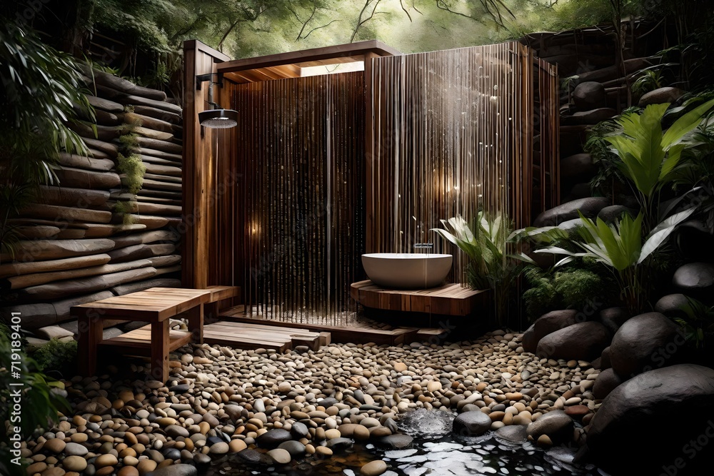 Foto de A rustic outdoor shower with wooden privacy screens, a rainfall ...
