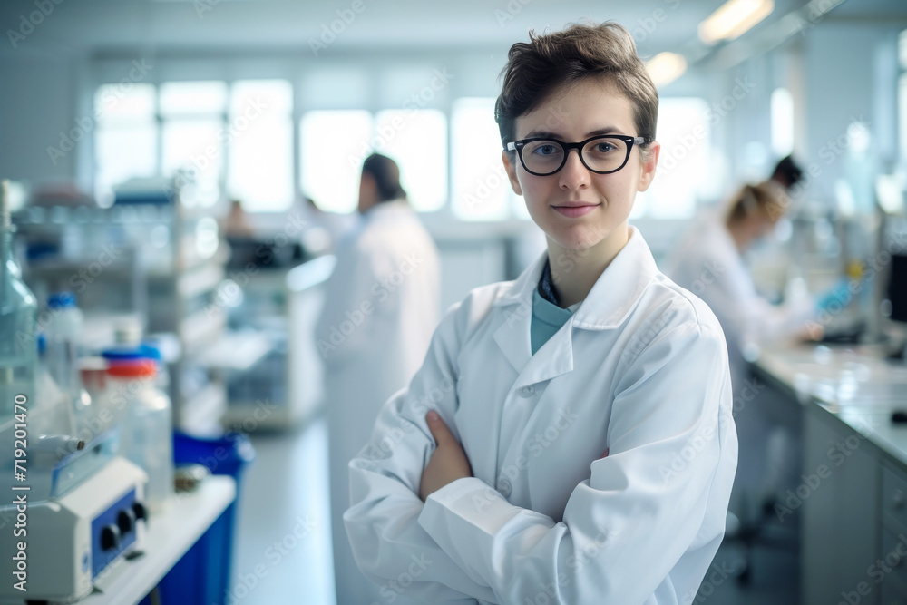 Confident Young Scientist in Modern Lab. A young scientist with glasses ...