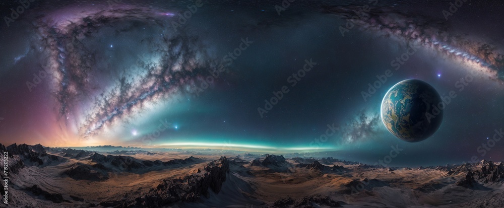 360 degree equirectangular projection space background with nebula and ...