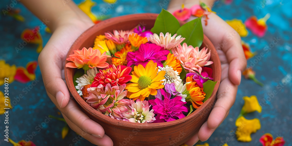 Traditional flower arrangement in a clay pot for cultural rituals in ...
