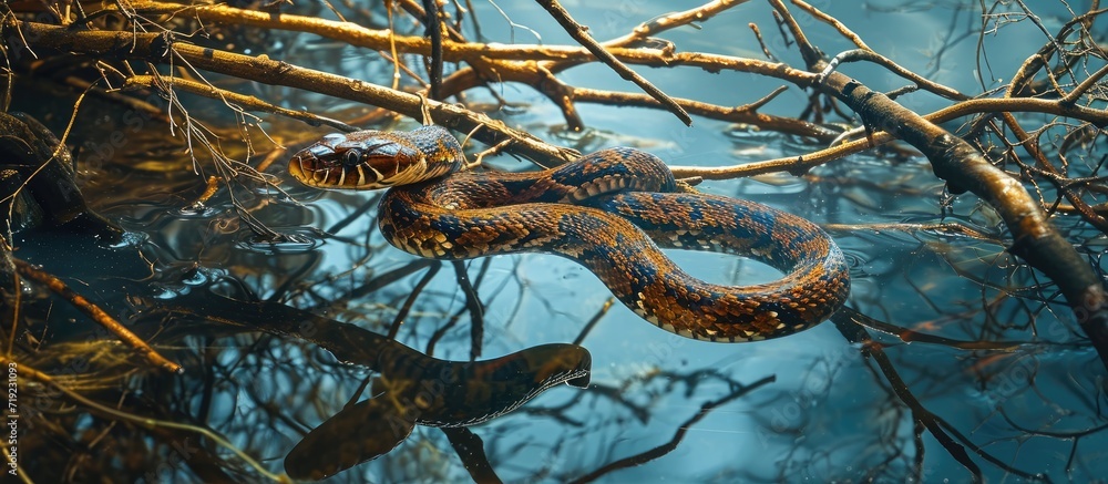 A mesmerizing view of a nonvenomous brown water snake elegantly coiled ...