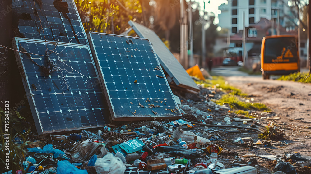 Solar panel in great state of degradation. Unused and discarded objects ...