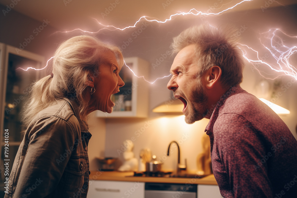 Angry woman and man face to face screaming shouting each other in ...