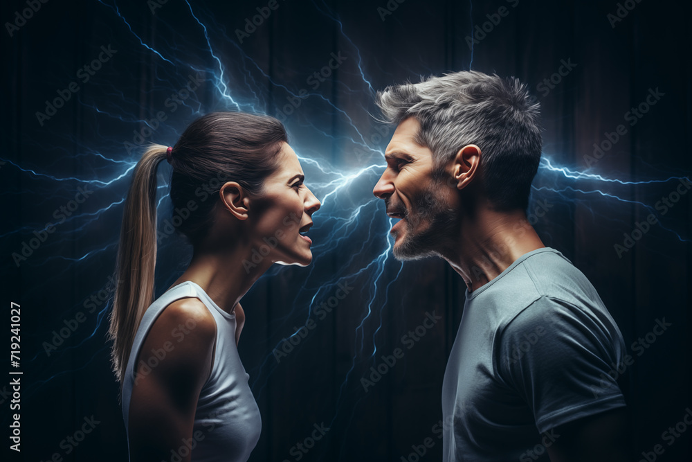 Angry woman and man face to face screaming shouting each other in ...