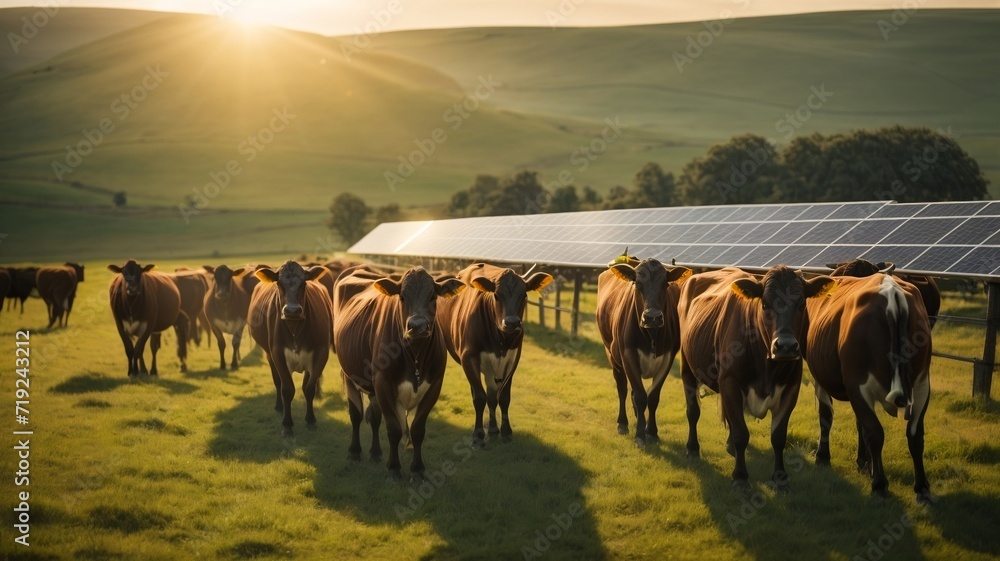 Animals and cows with solar panels on a green meadow. Ecology ...