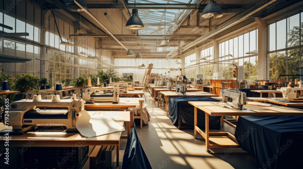 The interior is a large industrial empty garment factory with modern ...
