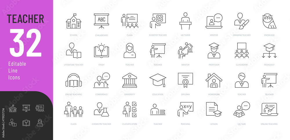 Teacher Line Editable Icons set. Vector illustration in modern thin ...