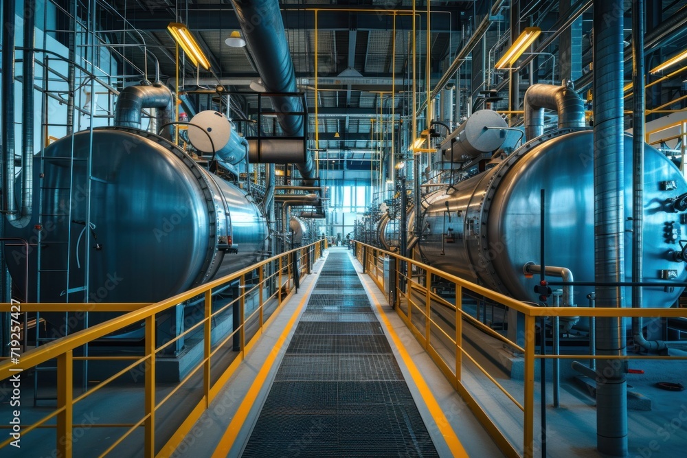 large industrial factory Interior of modern industrial boiler room with ...