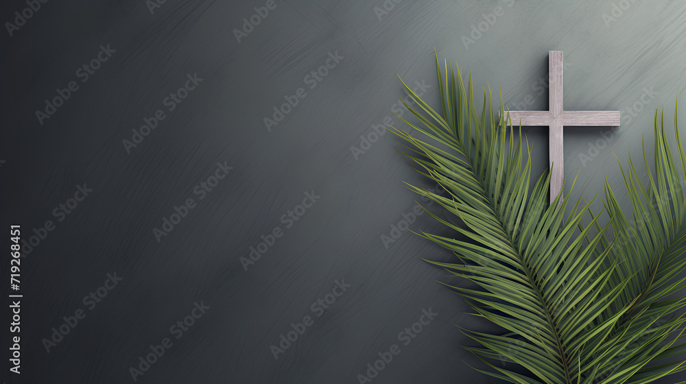 Christian cross and green palm leaf. Gray background. Holy week. Palm ...