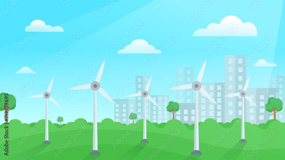 Wind power plant and factory. Wind turbines. Green energy industrial ...