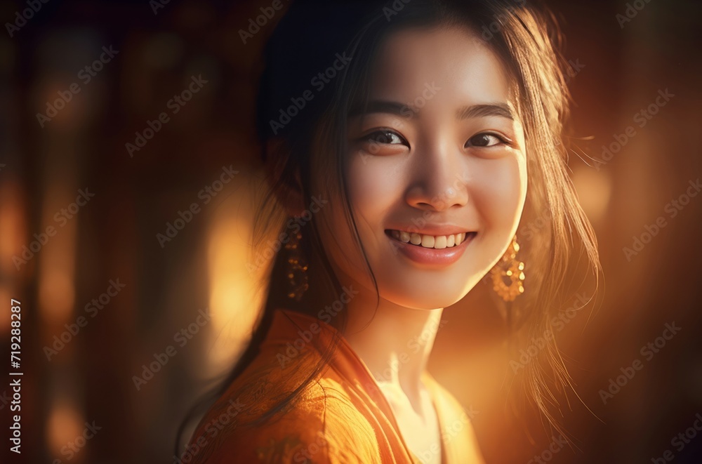 Bright smiling Chinese girl. Smiling Asian lady sunlight portrait ...