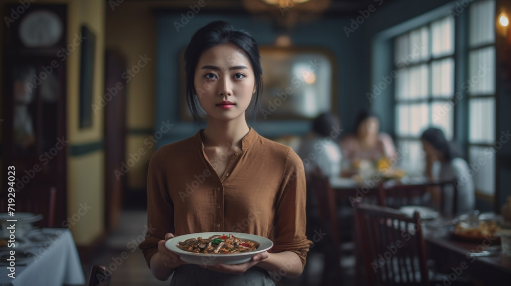 Beautiful Asian woman waitress server in a Chinese restaurant holding a ...