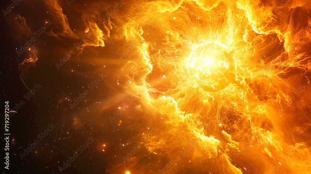 A cosmic scene showing the fusion process in a star, with detailed ...