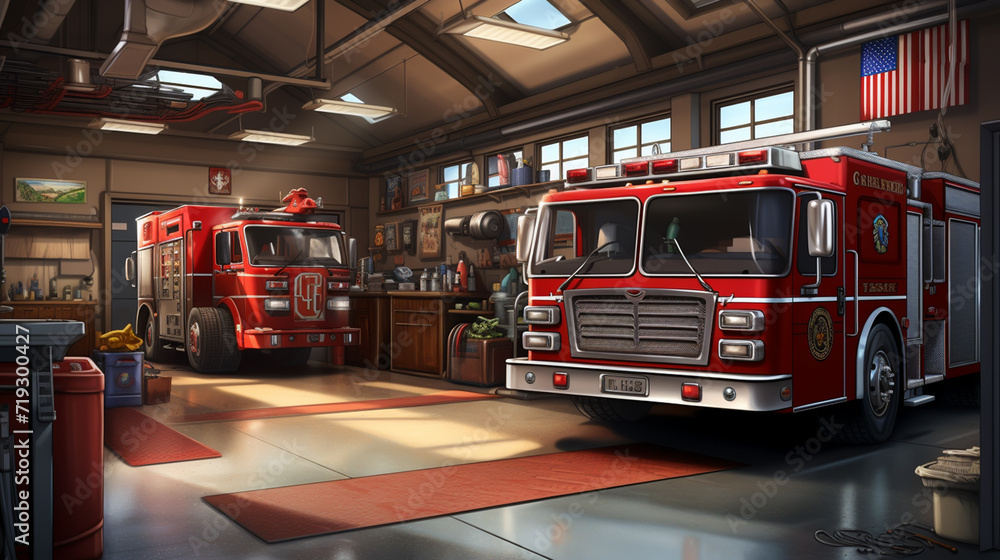 Fire station garage with red truck leaving box. Municipal city service ...