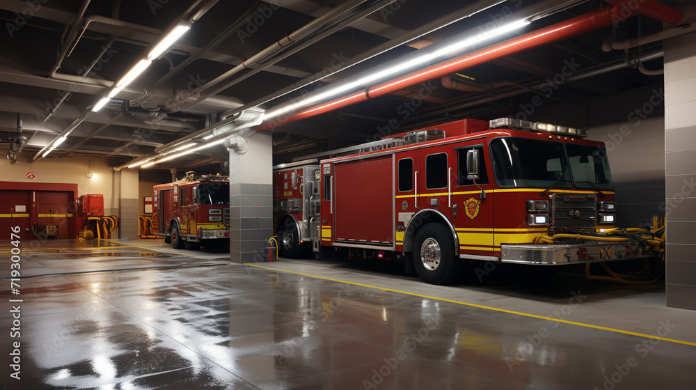 Fire station garage with red truck leaving box. Municipal city service ...