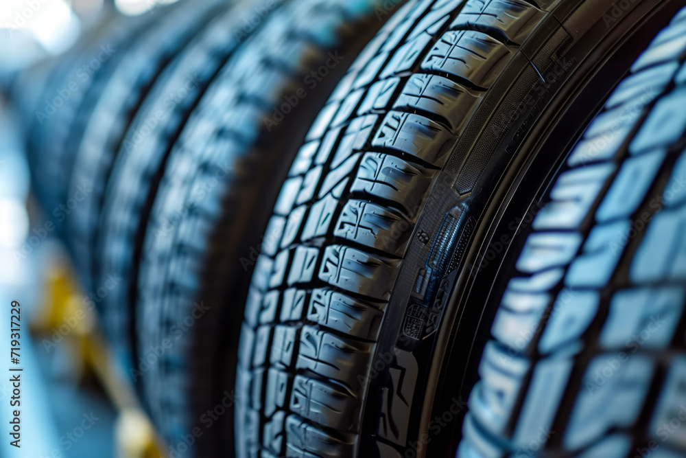 New car tires stacked in row. New tire with a tread for sale Stock ...