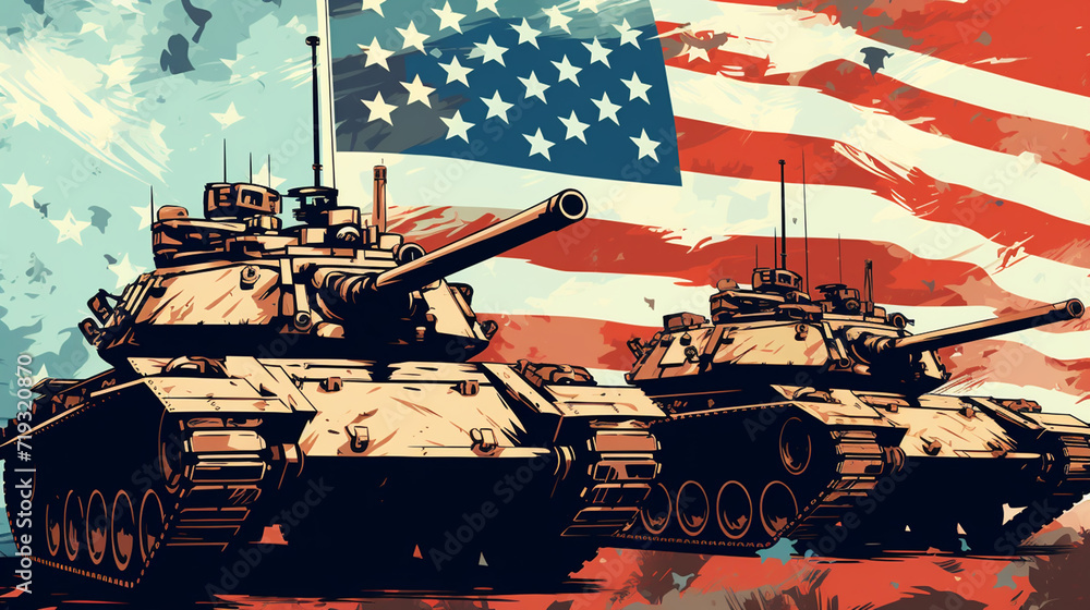 Tank silhouette on USA flag. Military equipment made in America. USA ...