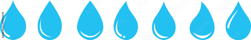 Water drops icons blue set. Water drop shape. Flat droplet shapes, Flat ...