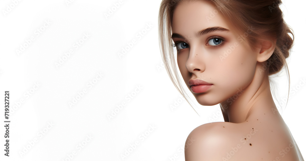 Young woman with some moles on the skin of her face and shoulders ...