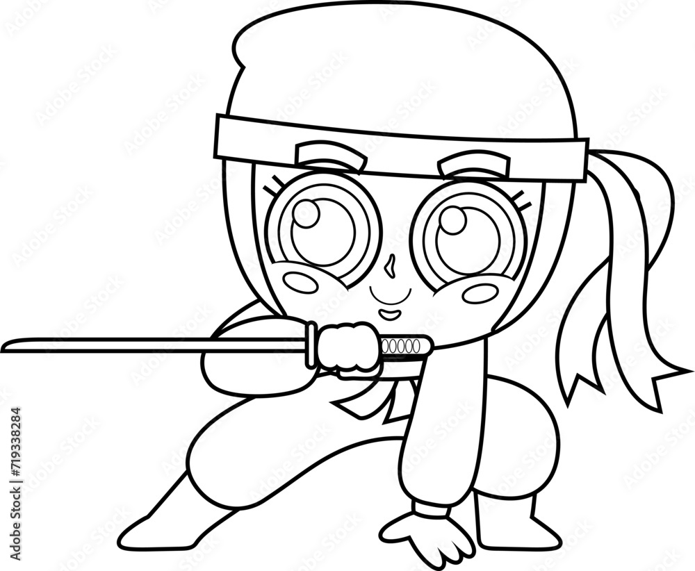 Outlined Cute Ninja Girl Warrior Cartoon Character With Katana Sword In ...