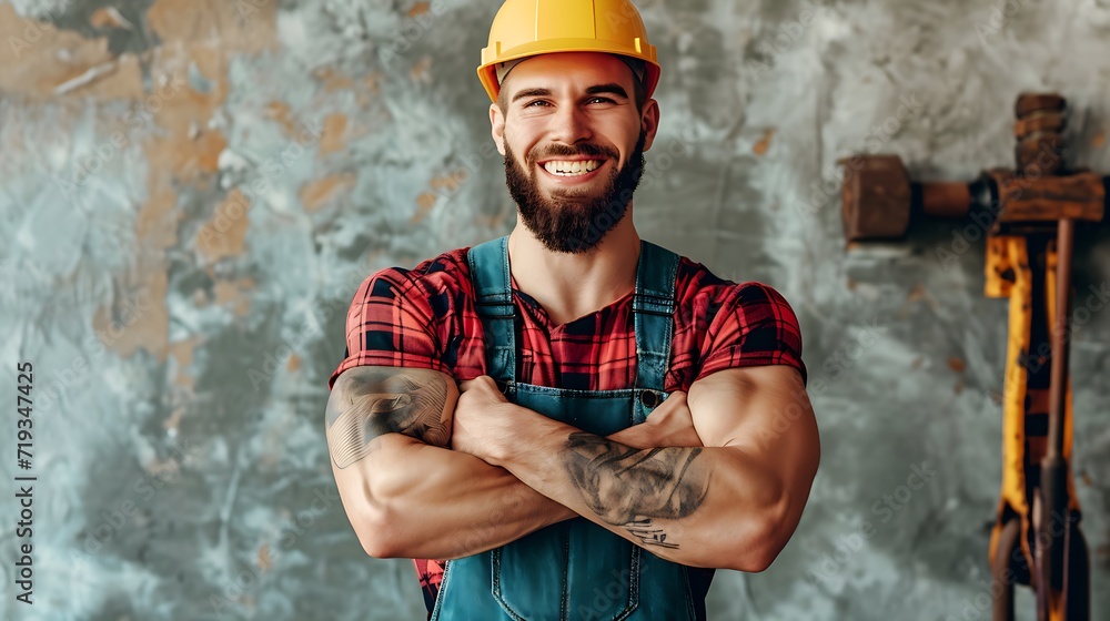 attractive construction worker with safety helmet and muscular arms ...