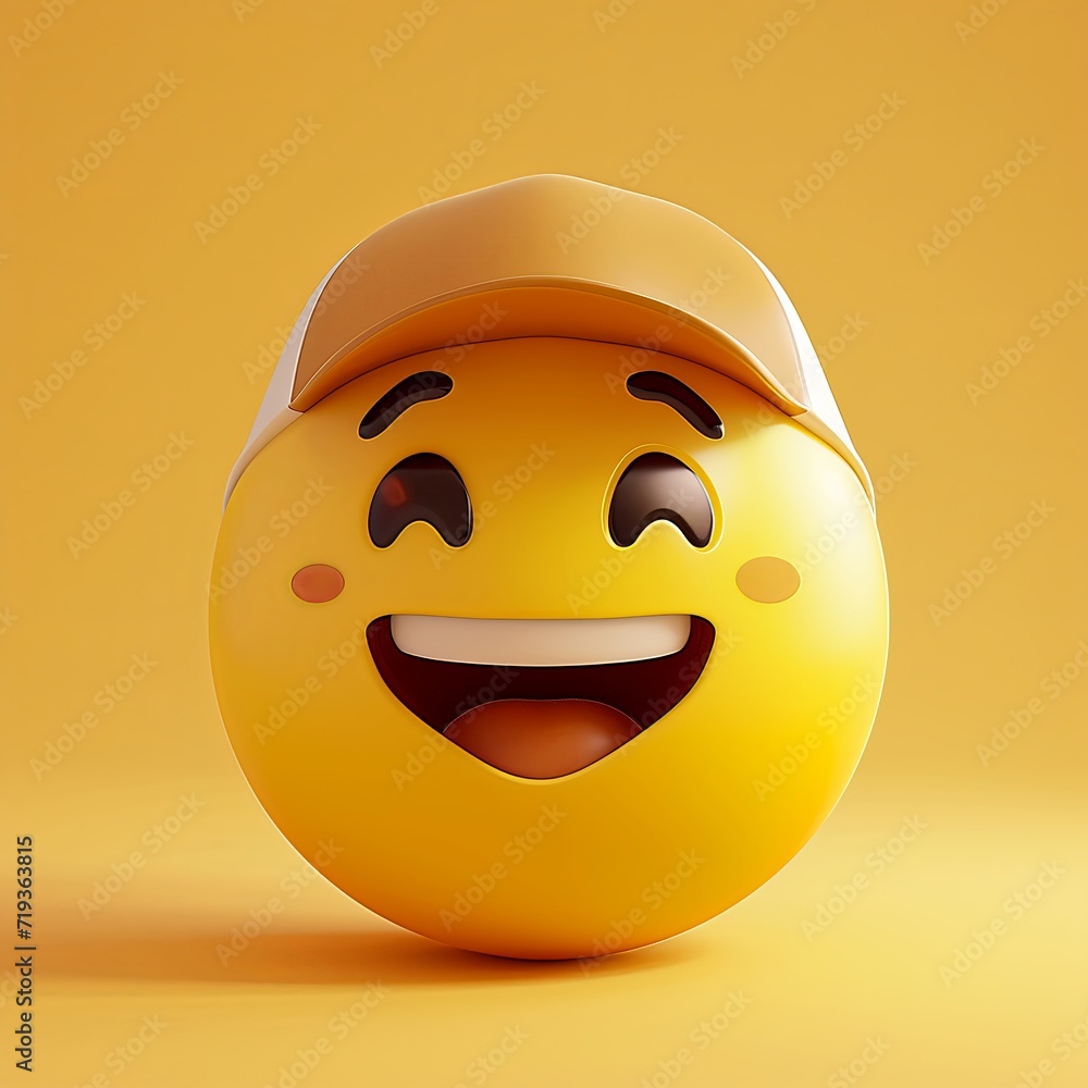 A digital 3D yellow sphere with a cute happy emoji wearing a baseball ...
