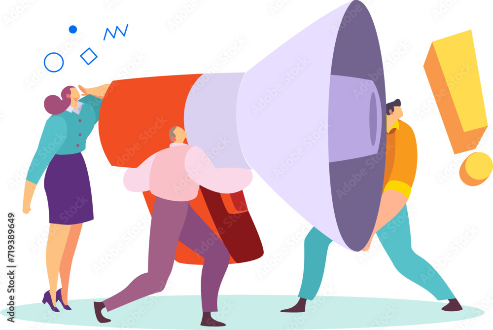 Two cartoon people carrying a giant megaphone together, teamwork ...