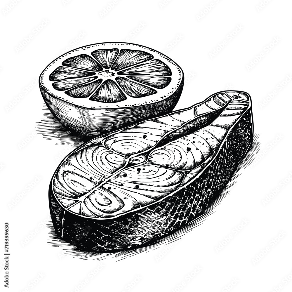 Vecteur Stock Hand drawn illustration of a salmon fish fillet, salmon ...
