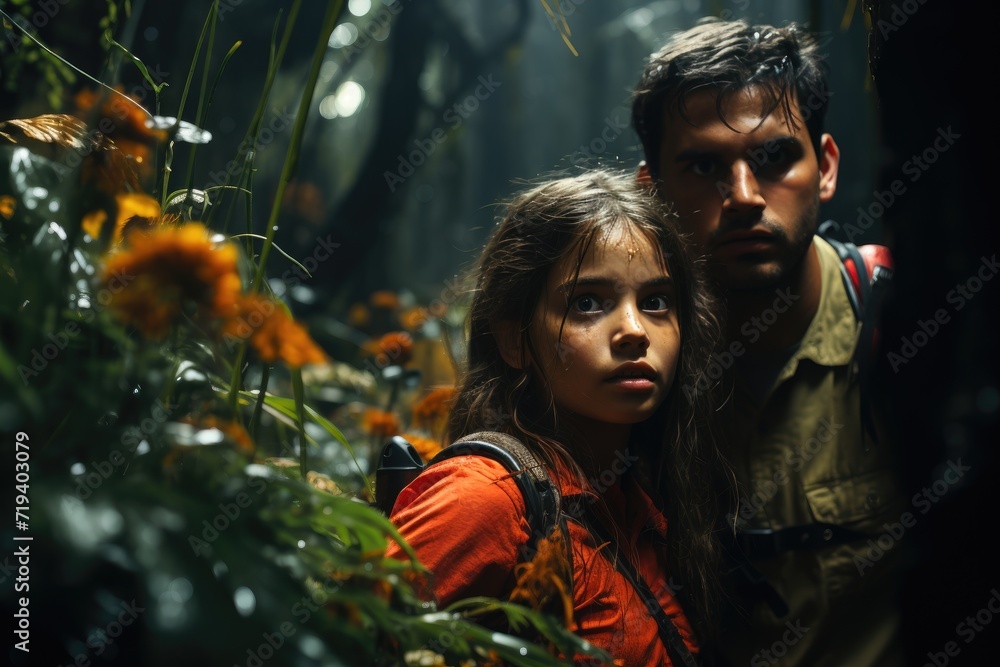 A man and woman embrace in a peaceful forest, their human faces ...