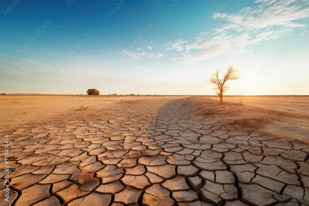 Landscape with dry and cracked earth. Global warming, climate change ...