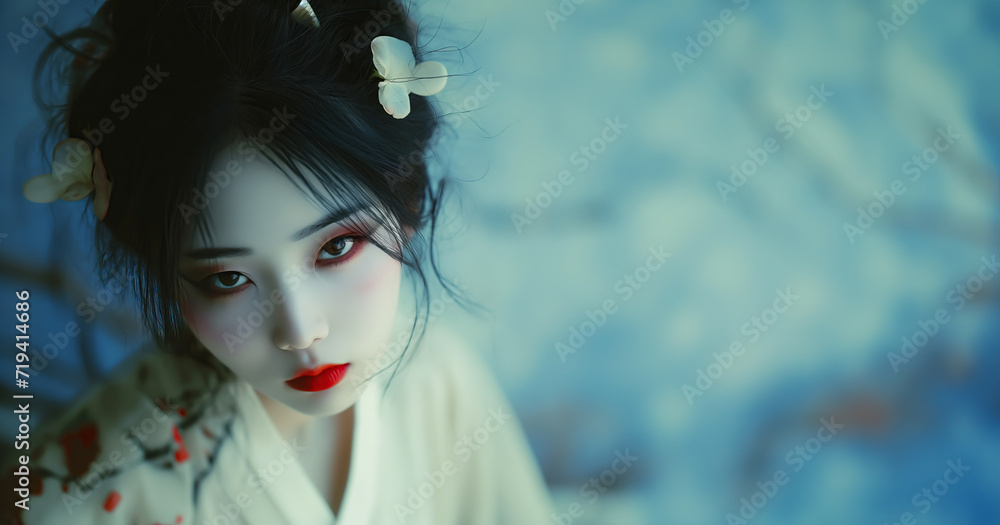 Beautiful Young Chinese Geisha Girl Portrait With White Porcelain Skin