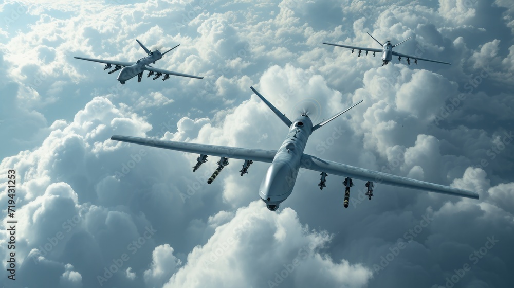 Group of kamkazza combat drones on the background of sky and clouds ...