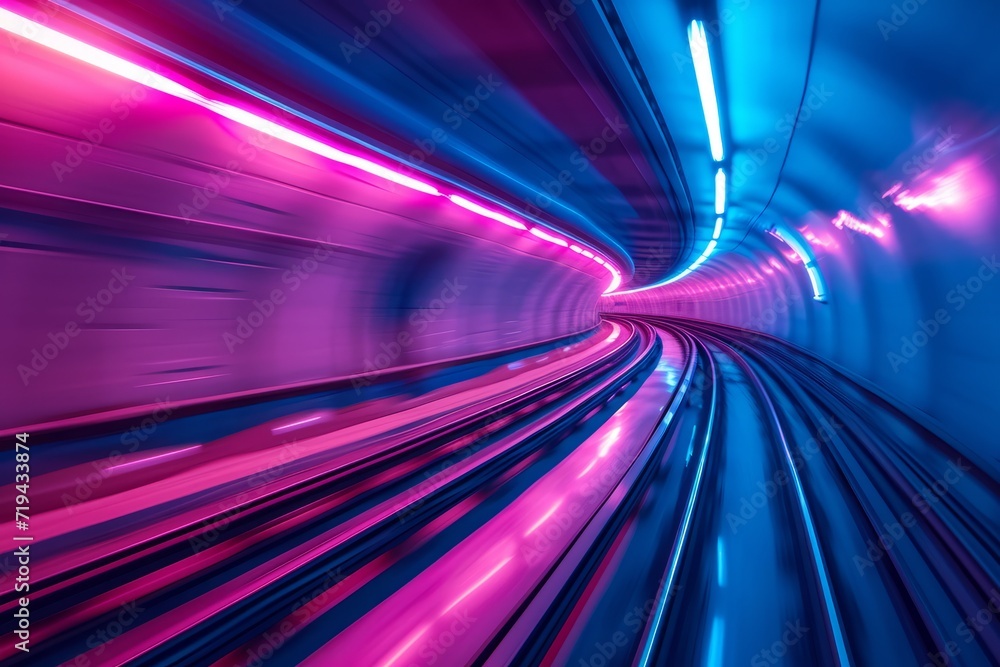 Fast underground subway train racing through the tunnels. Neon pink and ...