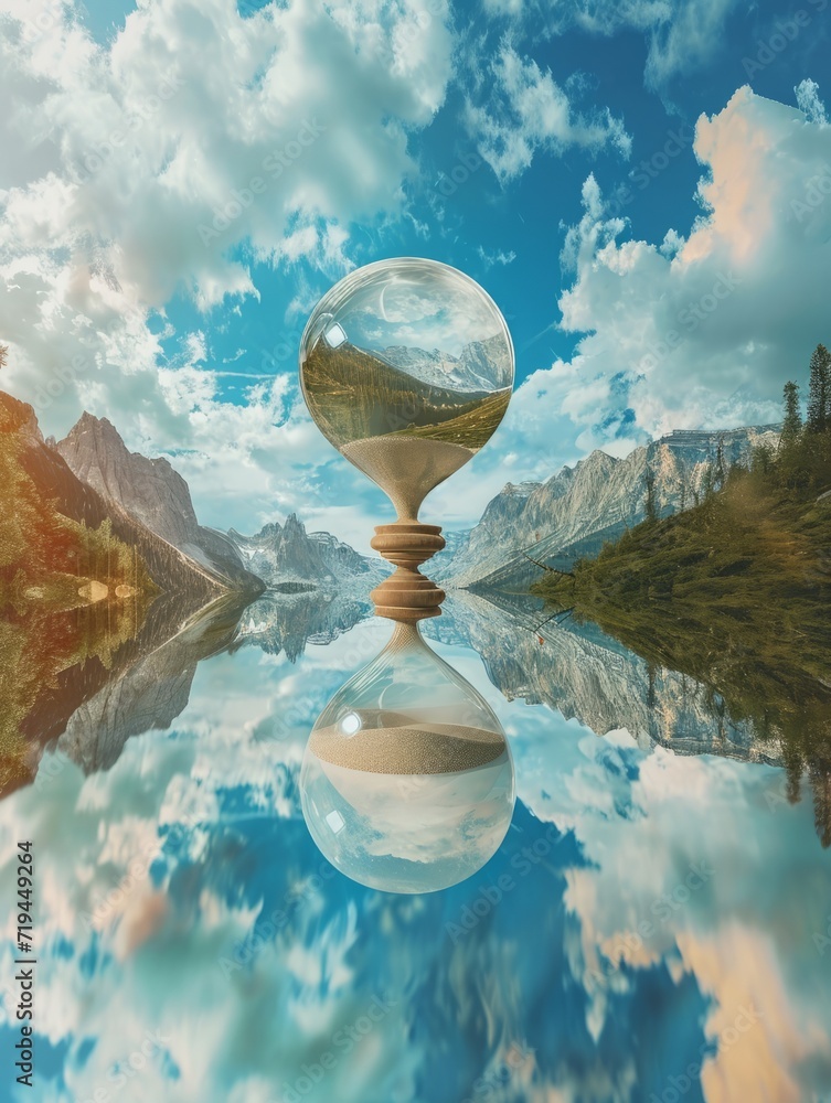 Hourglass in the clouds. Conceptual image of time passing. A surreal ...