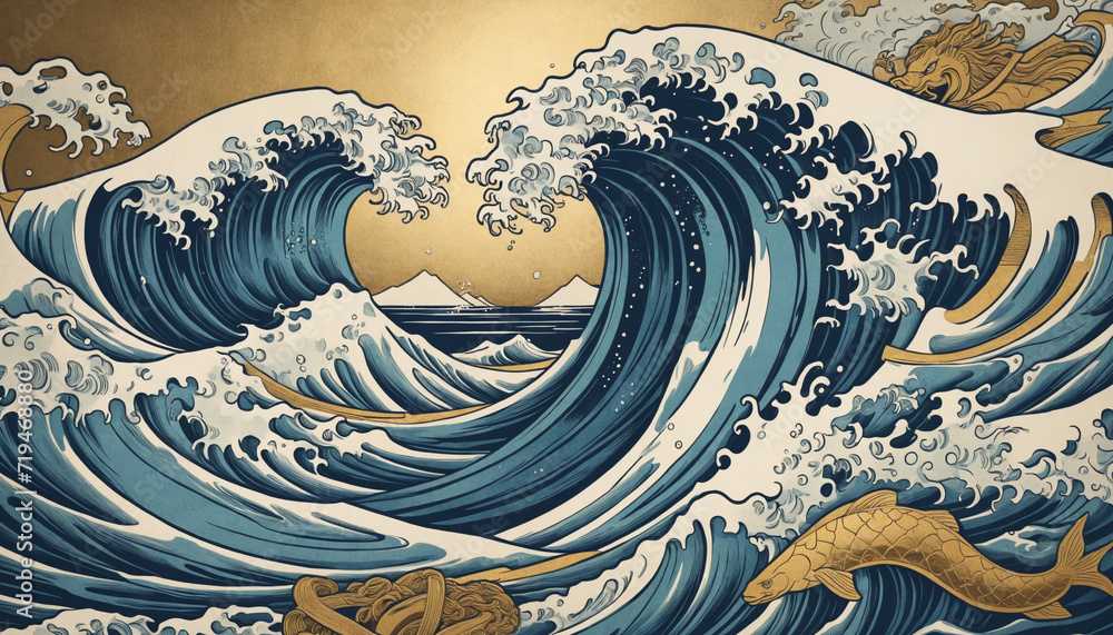 Ocean waves illustration with Greek mythology feel design with Japanese ...