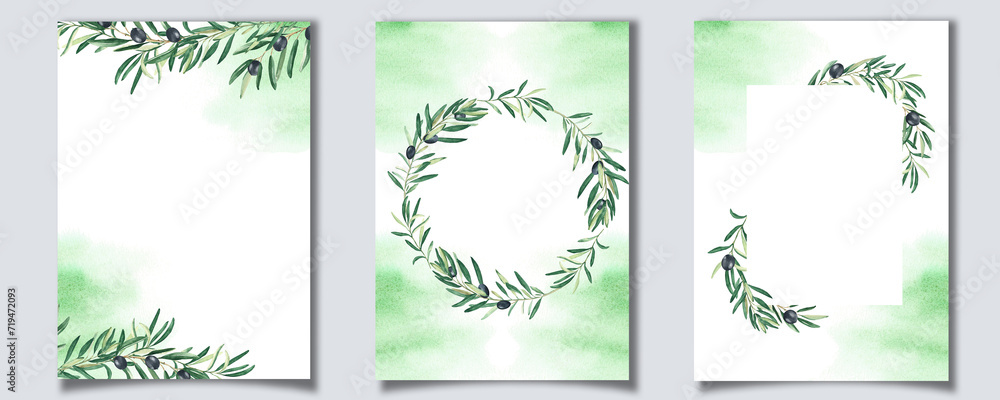 Set of floral background card template with black olive branches and ...